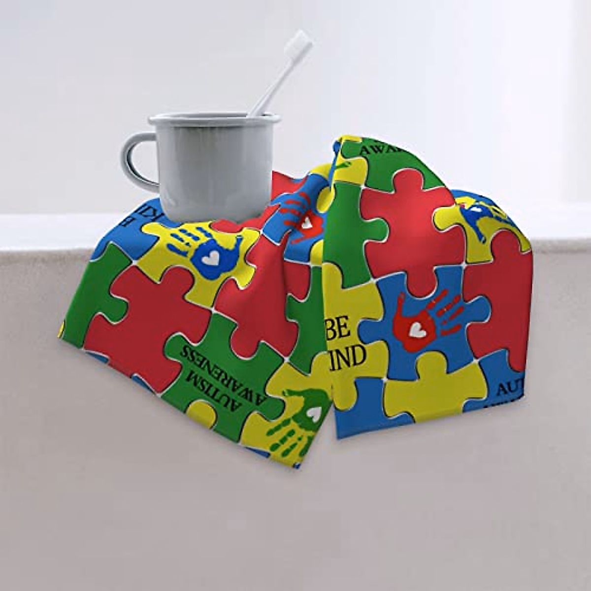 Colorful Heart Handprint Pizzle Be Kind Autism Awareness Hand Towels Microfiber Wash Cloth Facial Cleansing Face Cloth Super Absorbent Quick Dry Soft Durable Towel for Women Men 12x27.5in