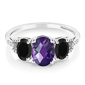 Gem Stone King 10K White Gold Checkerboard Purple Amethyst Black Onyx and Diamond Accent 3-Stone Engagement Ring For Women (1.83 Cttw, Gemstone Birthstone) (Size 7)