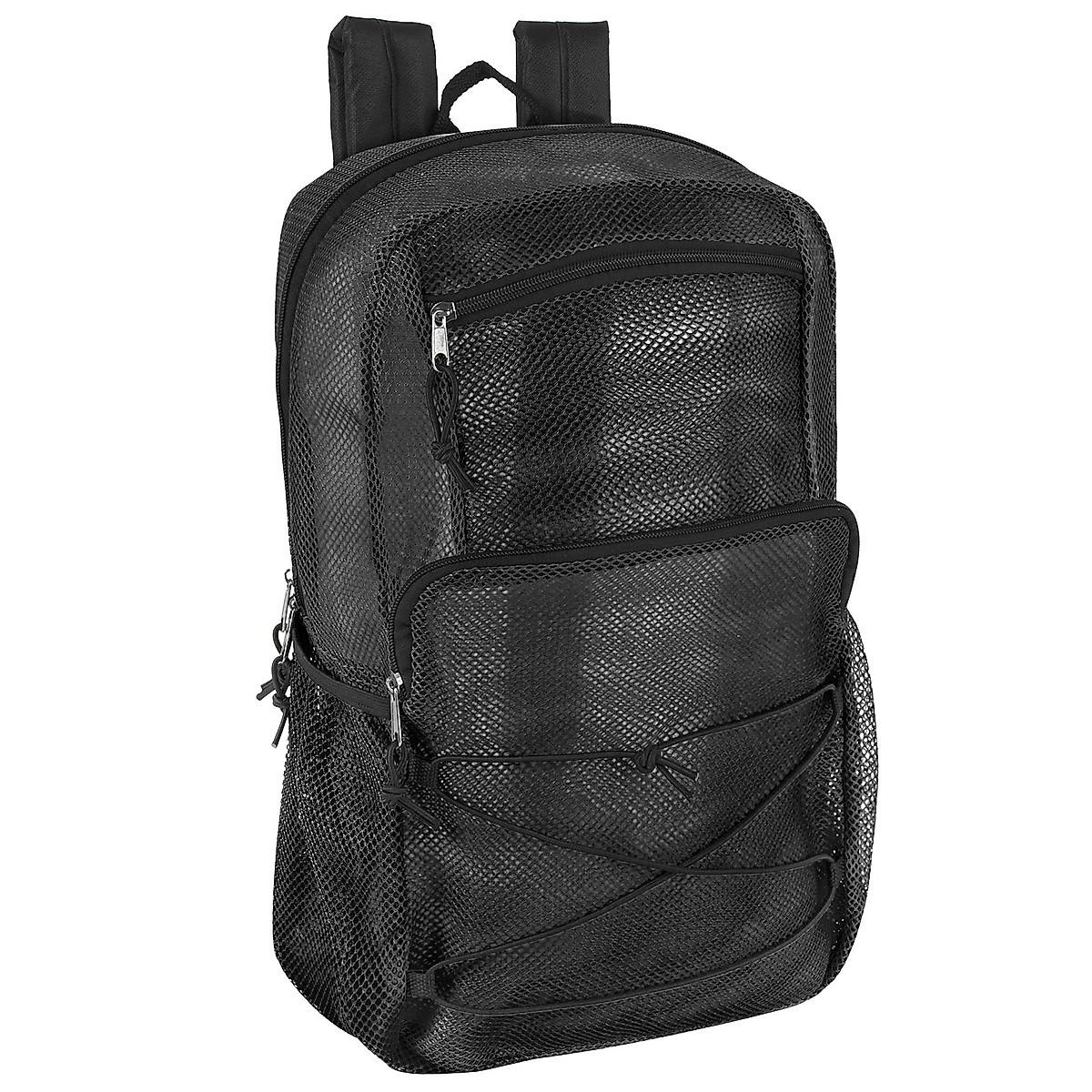 Deluxe Mesh Backpack with Bungee Cord & Adjustable Padded Straps, for Swimming, School, Travel (Black)