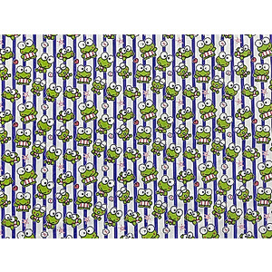 AMORNPHAN 44 Inch Green Keroro Happy Frog Cartoon Purple Stripes Printed On White Cotton Fabric Themed Pattern with Frogs for Craft Decorative Kid Patchwork Handmade Sewing Crafting for 1 Yard
