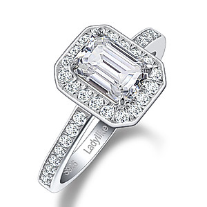 Moissanite Engagement Rings for Women Sterling Silver Solitaire Halo Lab Created Diamond Ring 1 Carat Emerald Cut White Gold Promise Ring for Her Size 7