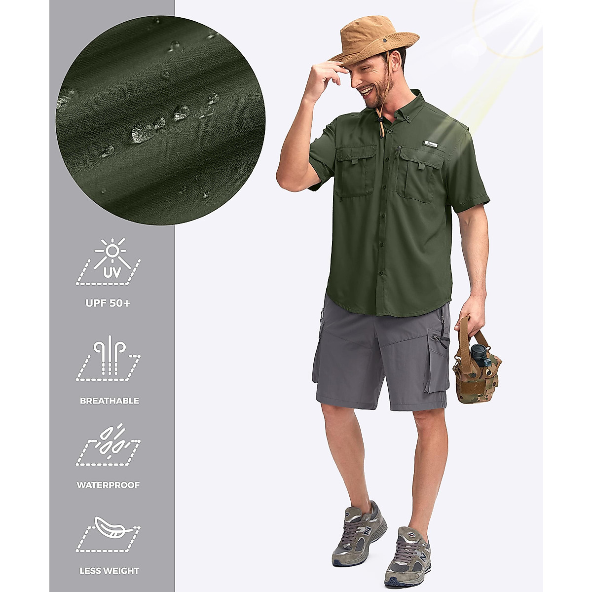 Pudolla Men's Fishing Shirts Short Sleeve Travel Work Shirts Summer Button Down Shirts for Men UPF50+ with Zipper Pockets(Olive, XX-Large)