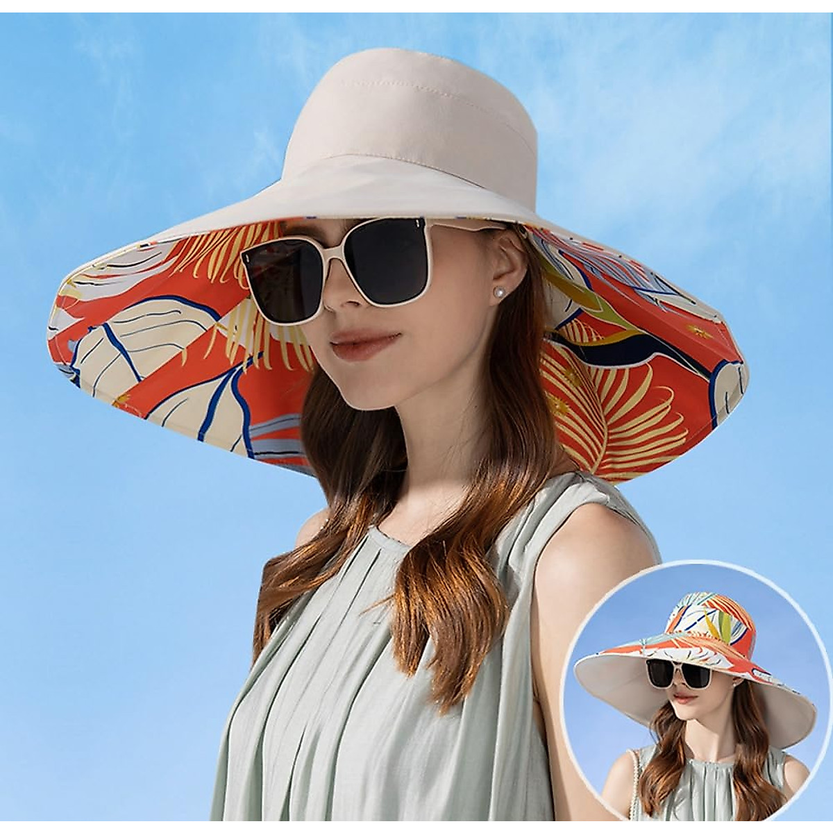 Super Wide Brim Sun Hat for Women Packable Reversible Double-Side-Wear Hats UV Protection Summer Beach Bucket Cap Black