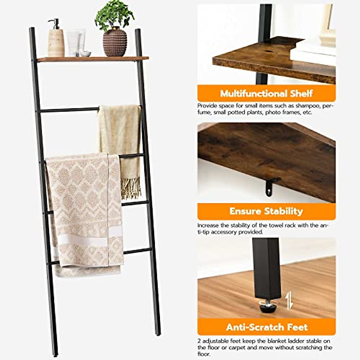 HOOBRO Towel Rack, 5-Tier Blanket Ladder, Wall Leaning Ladder Shelf, Blanket Rack with Shelf, 25.2" Wide Decorative Ladder for Bathroom, Rustic Brown BF73CJ01G1