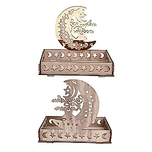 Wooden Eid Mubarak Boxwood Dessert Tray, Ramadan Kareem Moon Star Shape Tray, Holding Plate Party Serving Tableware with Eid Decoration for Dining Table