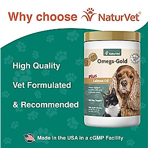 NaturVet – Omega-Gold Plus Salmon Oil | Supports Healthy Skin & Glossy Coat | Enhanced with DHA, EPA, Omega-3 & Omega-6 | for Dogs & Cats | 180 Soft Chews