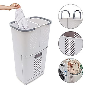Laundry Basket with Wheels Movable Household Laundry Hamper 2 Tier Plastic Sorter Baskets Bathroom Clothes Storage Basket for Bathroom Bedroom Kitchen Organization 17x12x29Inches