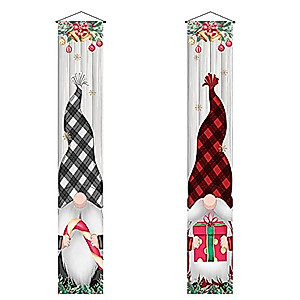 Rainlemon Merry Christmas Gnome Porch Banner Swedish Tomte Nordic Buffalo Check Plaid Front Door Sign Decoration