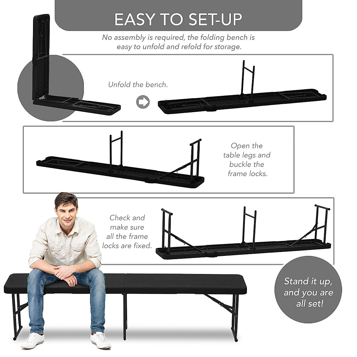 AJP Distributors 2 Pack 6 Foot Portable Plastic Folding Bench 6FT 72" Half Foldable Heavy Duty Seat w/Carry Handle - Indoor Outdoor Backyard Camping Picnic BBQ Party Wedding Dining Event Meeting Black