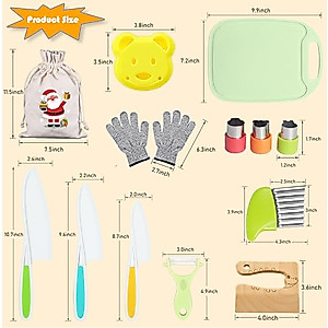 Tellshun 14 Pieces Wooden Kids Kitchen Knife Set with Gloves Cutting Board Fruit Vegetable Crinkle Cutters Serrated Edges Plastic Toddler Knifes for Real Cooking Kid Safe Knives