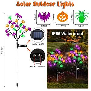 Halloween Decorations Outdoor Solar Lights, 2 Pack Halloween Lights Outdoor Solar Lights Waterproof with 20 LED Bats Spiders Pumpkin Lights, 2 Lighting Modes Solar Pathway Lights for Halloween Decor