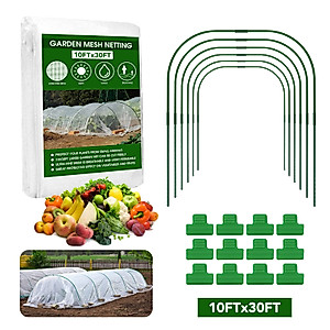 Garden Mesh Netting Kit, Plant Covers 10x30ft Ultra Fine Mesh Netting with 6 Sets Garden Hoops ＆12 Clips, Bird Netting Protection for Fruit Vegetable Flowers Animals Greenhouse Cover