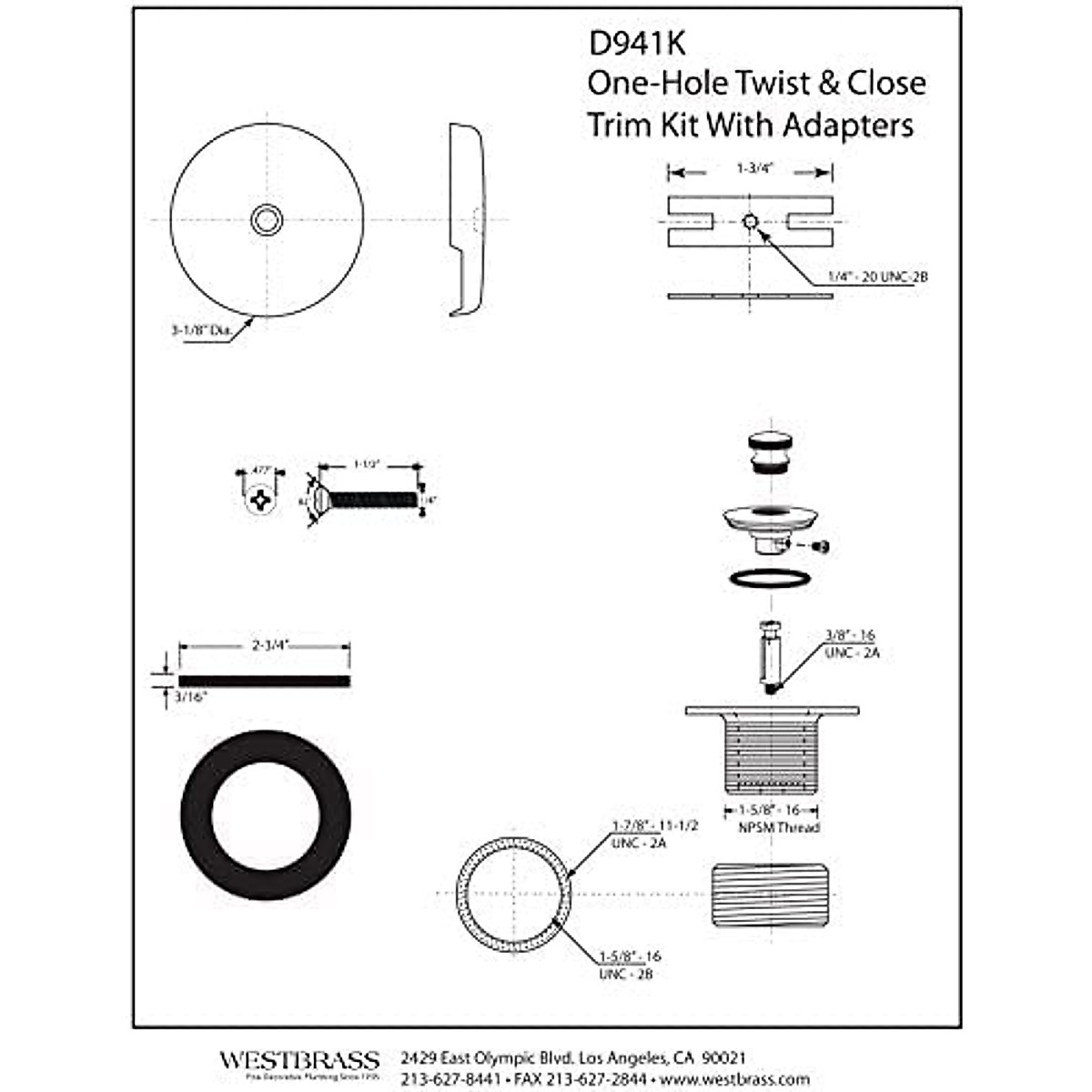 Westbrass D941K-07 1-3/8" Fine Thread Twist & Close Bathtub Drain Trim with One-Hole Overlfow Faceplate, Satin Nickel