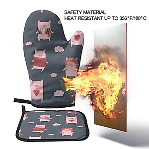 Cute Cartoon Pigs Oven Mitts and Pot Holders Sets Heat Resistant Oven Gloves with Non-Slip Surface for Reusable for Baking BBQ Cooking