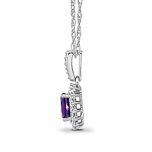 ARAIYA FINE JEWELRY 925 Sterling Silver Round-shape Diamond and Oval Amethyst Halo Pendant Necklace (1/3 cttw, I-J Color, I2-I3 Clarity), 18"