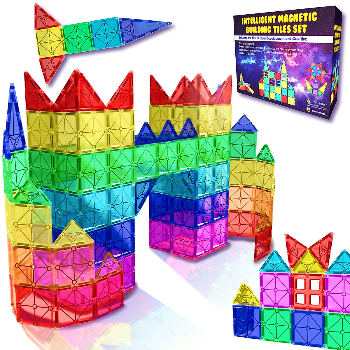 Desire Deluxe Magnetic Tiles Building Blocks Construction Toys for Boys & Girls 47pc – STEM Learning Educational, Kids Age 3 4 5 6 7 8 Year Old Gift
