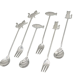 Maydahui 6PCS Cat Fish Spoon and Fork Cute Coffee Animal Spork 5.8 inch 18/10（304）Stainless Steel Teaspoon Dessert Drink Sugar Spoons Fruit Forks Tableware