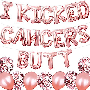 Tihuprly Cancer Survivor Cancer Free Party Decor - Rose Gold - 16" I KICKED CANCERS BUT" Foil Balloon + 5 Confetti Balloons + 5 Latex Balloons - Breast Cancer Free Banner Breast Protection Banner