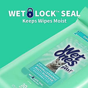 Wet Ones for Pets Hypoallergenic Multi-Purpose Wipes for Cats | Extra Gentle Fragrance-Free Cat Grooming Wipes with Vitamins A, C, & E, Wipes with Wet Lock Seal | 30 Count Pouch Cat Wipes