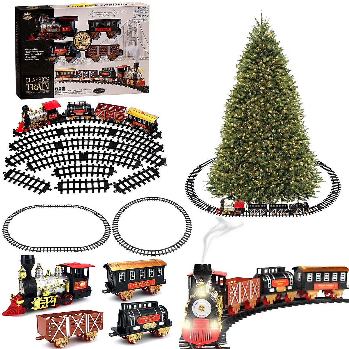 Large Classic Holiday Christmas Tree Train Set with Sounds Lights Smoke for Around Under The Christmas Tree