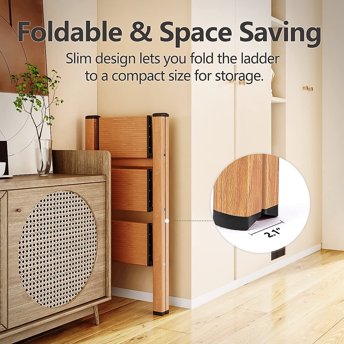 SOLADDER 3 Step Ladder Anti-Slip Foldable Step Stool Aluminum Lightweight with Wide Pedal for Home and Kitchen Space Saving - Woodgrain (330 lbs)