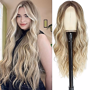 Ombre Blonde Wigs for Women 26 Inch Long Curly Wavy Blonde Wig Natural Looking Lace Middle Part Wig with Dark Root Synthetic Heat Resistant Wigs for Daily Party Use