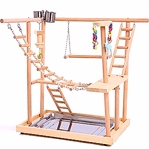 QBLEEV Wood Parrot Playground Perches with Swing,Birds Chewing Climbing Ladder Toys, Bird Training Play Stands Feer Cups for Parakeets Conures Cockatiel Lovebirds (18.7" L *12.8" W *20.87" H)