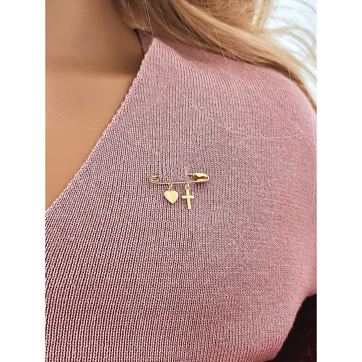 14k. Yellow Gold Baby Safety Pin with Two Charms/Cross & Heart Charms/Christening/Baptism/NOT Gold Filled NOT Gold Plated