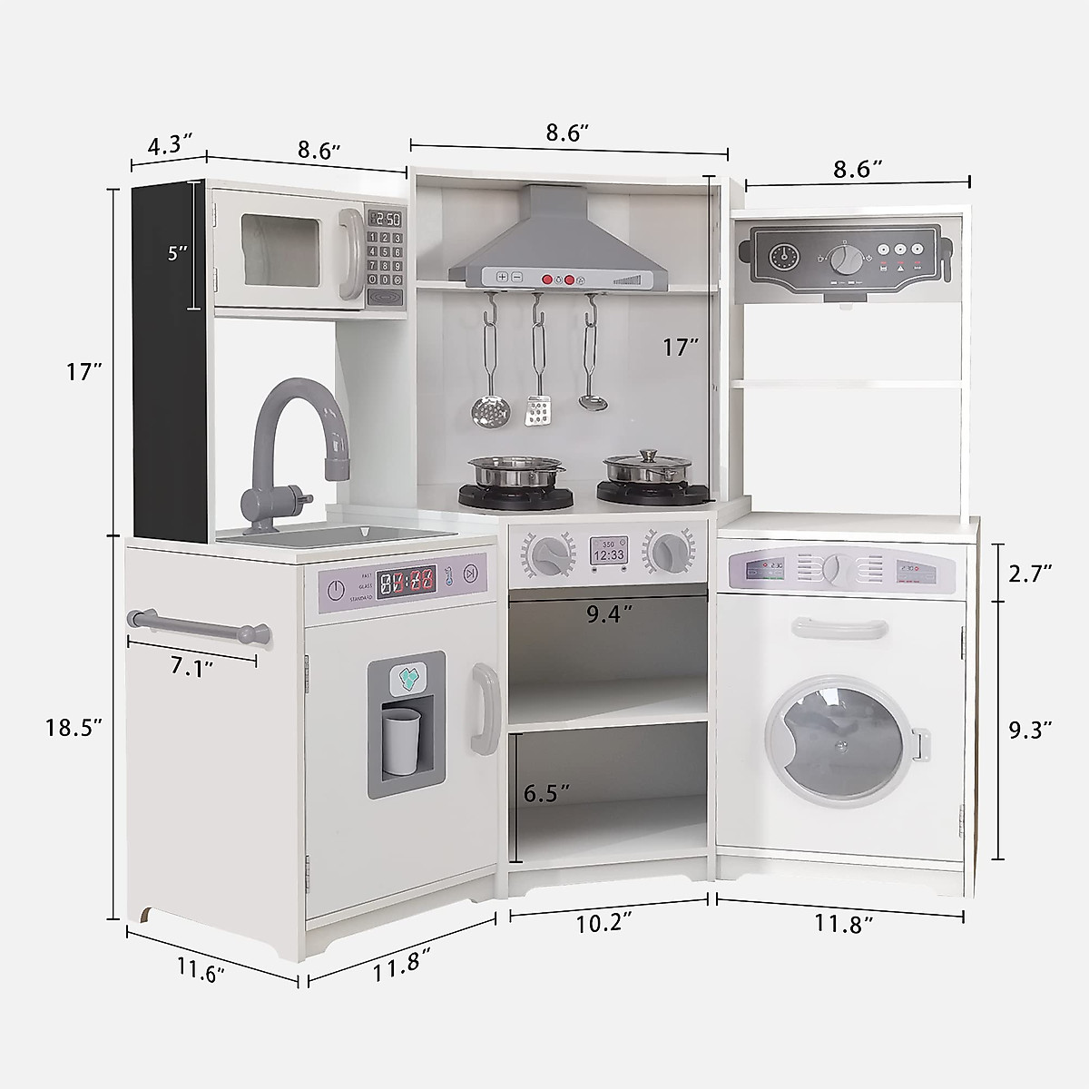 TaoHFE Corner Play Kitchen with Lights&Sounds White Kitchen for Kids Toddler Kitchen Set with Washer Chalkboard Wooden Kitchen Kids Playset with Washing Machine Range Hood Girls boys Gift for Ages 3+