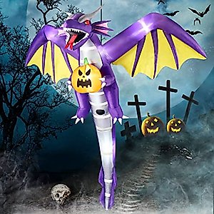 7 FT Tall Hanging Inflatable Halloween Decorations Outdoor, Flying Dragon Holding Pumpkin Halloween Inflatables Build-in LEDs, Halloween Blow Up Yard Decorations for Tree Porch Yard Garden Outside