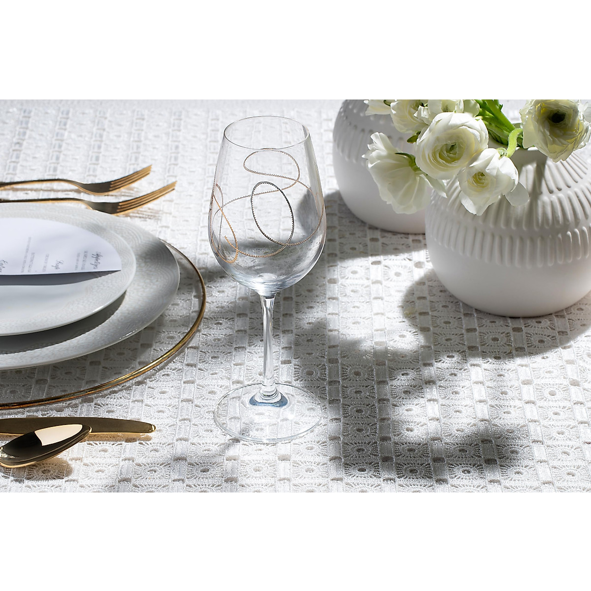 Barski Wine Glass, Goblet, Crystal Glass, Set of 2 Glasses, with Gold String Design, Made in Europe, 14 oz.