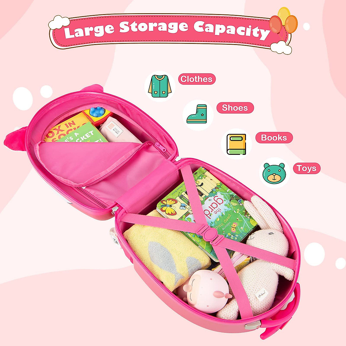 Olakids Kids Luggage, 16’’ Carry On Rolling Suitcase for Girls Boys with LED Flashing Spinner Wheels, Travel Trolley Hardside Case for Toddlers (Pink Pony)