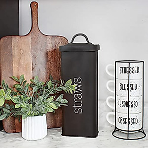 AuldHome Farmhouse Enamelware Straw Holder (Black); Retro Metal Straw Storage Canister
