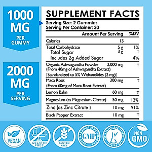 Nevissbags Ashwagandha Gummies - 2000mg - with Maca Root, Magnesium, Zinc, Lemon Balm - Vegan, Pure, Organic, Gluten Free - Healthy Stress Relief, Zzz, Stamina, Energy, Relaxation Support - 60 Counts