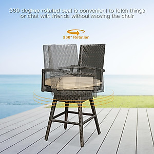 Patio Tree Outdoor Swivel Wicker Bar Chair with Soft Cushion, Steel Patio Bistro Stool