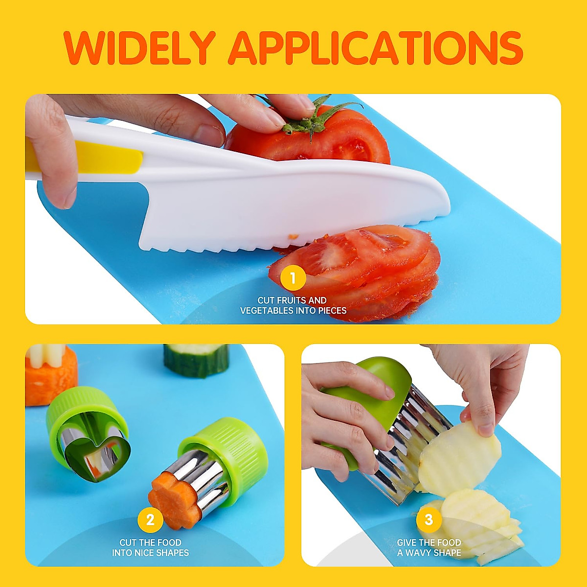 Kids Kitchen Safe Knife Tools for Real Cooking Toddler Kitchen Tools Wooden Kitchen Knife Set with Gloves Cutting Board Fruit Vegetable Crinkle Cutters Plastic Kid Safe Knives