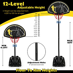Goplus Portable Basketball Hoop Outdoor Indoor, 4.25-10FT 12-Level Adjustable Basketball Goal w/ 44’’ Shatterproof Backboard, Fillable Base, Basketball Stand System for Kids Teens Youth Adults