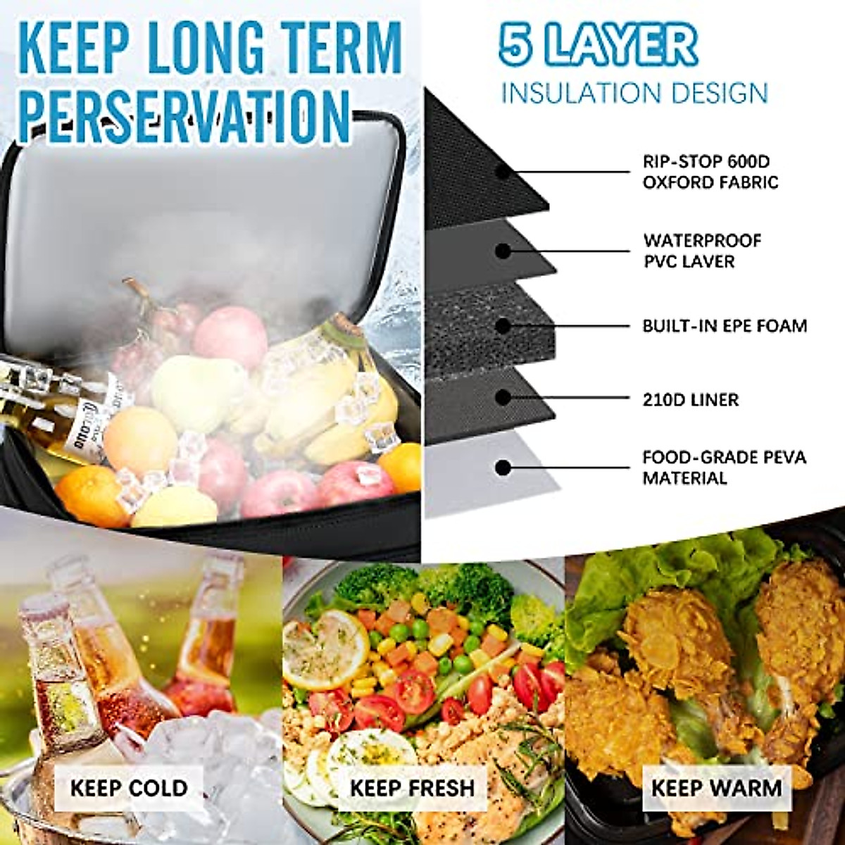 Cooler Bag 60-Can Soft Sided Coolers, Double Deck Insulated Camping Cooler, Leakproof Lunch Cooler, Collapsible Cooler Bag, Portable Large Lunch Bag for Beach, Travel, Camping, Picnic-Black