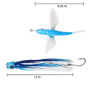 5 Pcs/Bag Blue Fly Fish Saltwater Trolling Fishing Lures Tuna Mahi Wahoo Dora Saltwater Big Game Fishing Tackle (12in Squid+Blue Fly Fish)