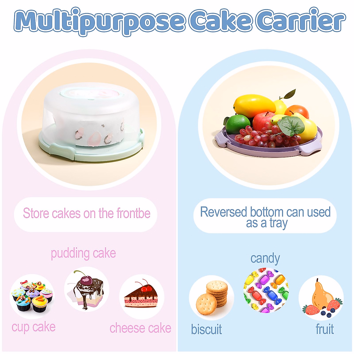 Bokon 4 Pieces Plastic Cake Carrier Large Round Cake Holder Portable Cake Container Serve as Five Section Serving Tray Large Cheesecake Stand with Lid & Handle Fits 10 Inch Cake Pies Dessert