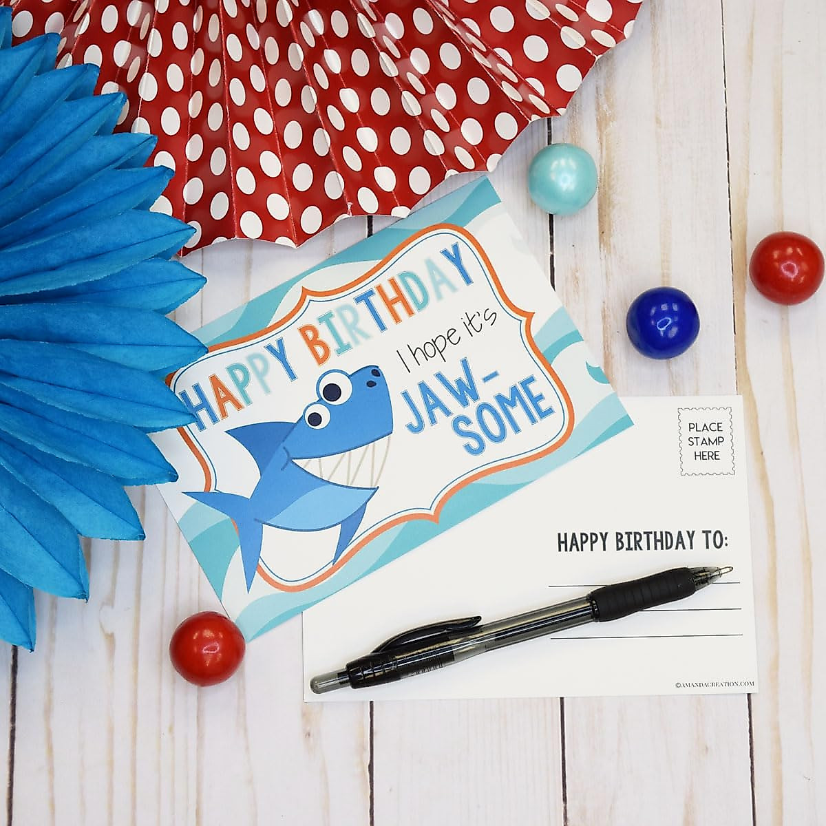 JAW-SOME Day Shark Themed Birthday Pun Themed Single (1) All Occasion Blank Birthday Card To Send To Friends & Family, 4"x 6" (when folded) Fill In Greeting Note Card by AmandaCreation