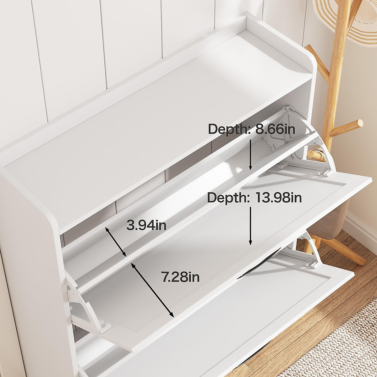 Maupvit Shoe Cabinet with 2 Flip Drawers, Freestanding Shoe Cabinet Organizer with Metal Legs, Shoes Storage Cabinet for Entryway, Narrow Shoe Rack Cabinet, White