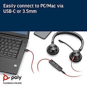Plantronics - Blackwire 3325 Wired Stereo USB-C Headset with Boom Mic (Poly) - Connect to PC/Mac via USB-C or Mobile/Tablet via 3.5 mm Connector - Works with Teams, Zoom & More