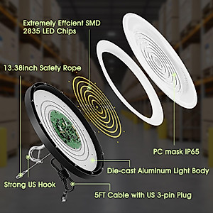 Royana UFO LED High Bay Light, Plug & Paly Lighting for Warehouse,5000K Daylight, 300W, AC110V-130V, 30000LM, IP65 Waterproof and Ideal Heat Dissipation, LED Shop Light for Factory Barn 6 Pack