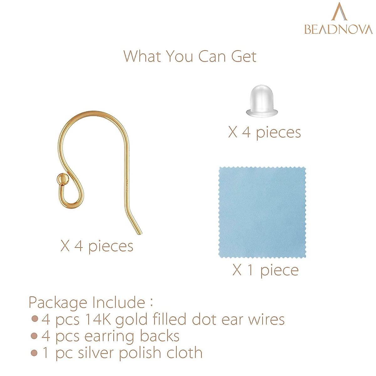 BEADNOVA Earring Hooks 14k Gold Filled Ball Dot Ear Wire with Rubber Earring Backs Earwire for Jewelry Making Earring Supplies (4pcs Ear Wire and 4pcs Earring Backs, Total 8pcs)