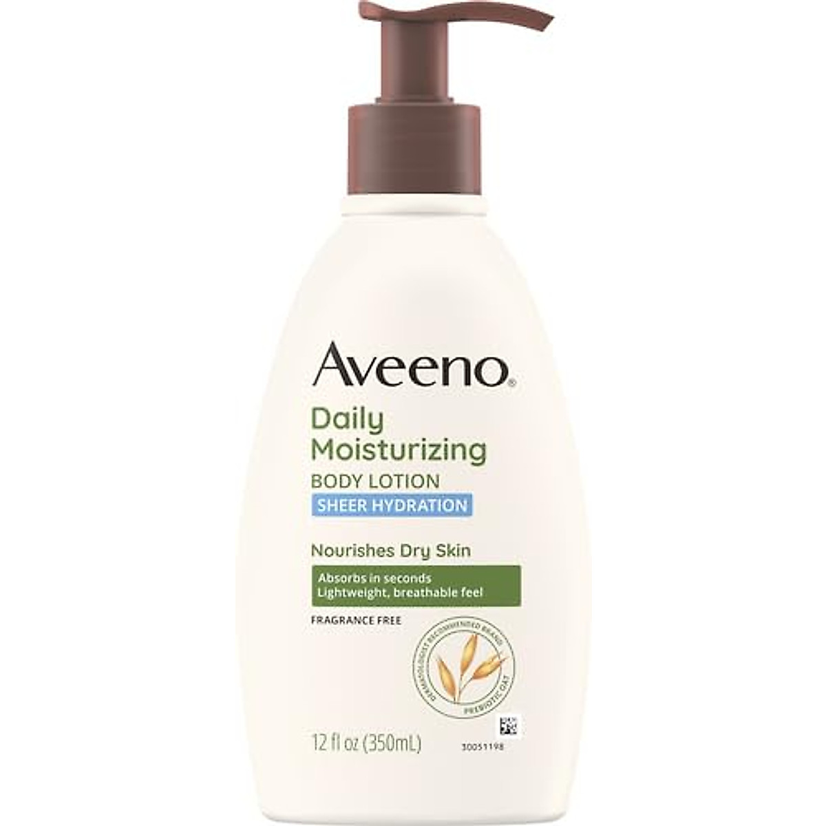 Aveeno Sheer Hydration Daily Moisturizing Fragrance-Free Lotion with Nourishing Prebiotic Oat, Fast-Absorbing Body Moisturizer for Dry Skin with Lightweight, Breathable Feel, 12 fl. oz