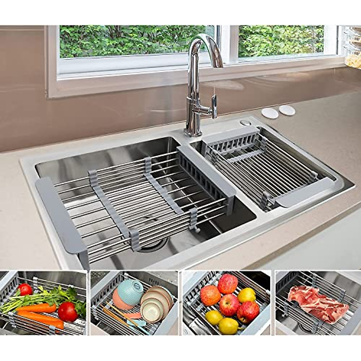 EJIE Expandable Sink Drying Rack, Dish Drying Rack Over The Sink, Kitchen Sink Drain Basket, Adjustable Expandable Stainless Dish Drying Rack, Gray