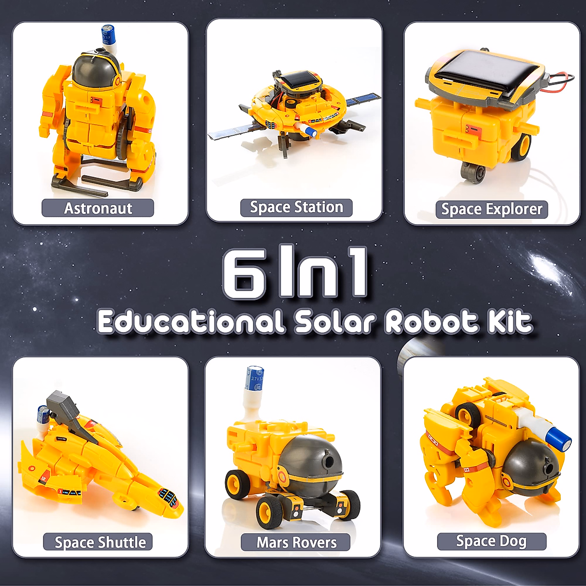 Solar Robot Toys 6 in 1 STEM Learning Kits Educational Space Moon Exploration Fleet Building Experiment Toys DIY Solar Power Science Gift for Kids Aged 8-12 (Yellow)