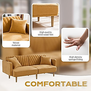 DAMAIFROM Velvet Futon Sofa Bed Set of 2, Mid Century Modern Loveseat Sofa, Convertible Sleeper Sofa Couch with Split Backrest, 75" Futon Couch for Living Room Small Spaces (Ginger