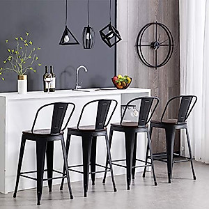 HAOBO Home 24" High Back Barstools Metal Stool with Wooden Seat [Set of 4] Counter Height Bar Stools, Matte Black
